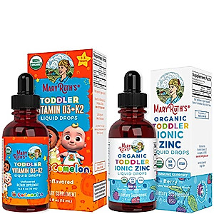 USDA Organic Cocomelon Vitamin D3 K2 Liquid Drops for Toddlers & Toddler Liquid Zinc Bundle by MaryRuth's | Calcium Absorption | Strong Bones | Zinc Sulfate for Immune Support | Vegan