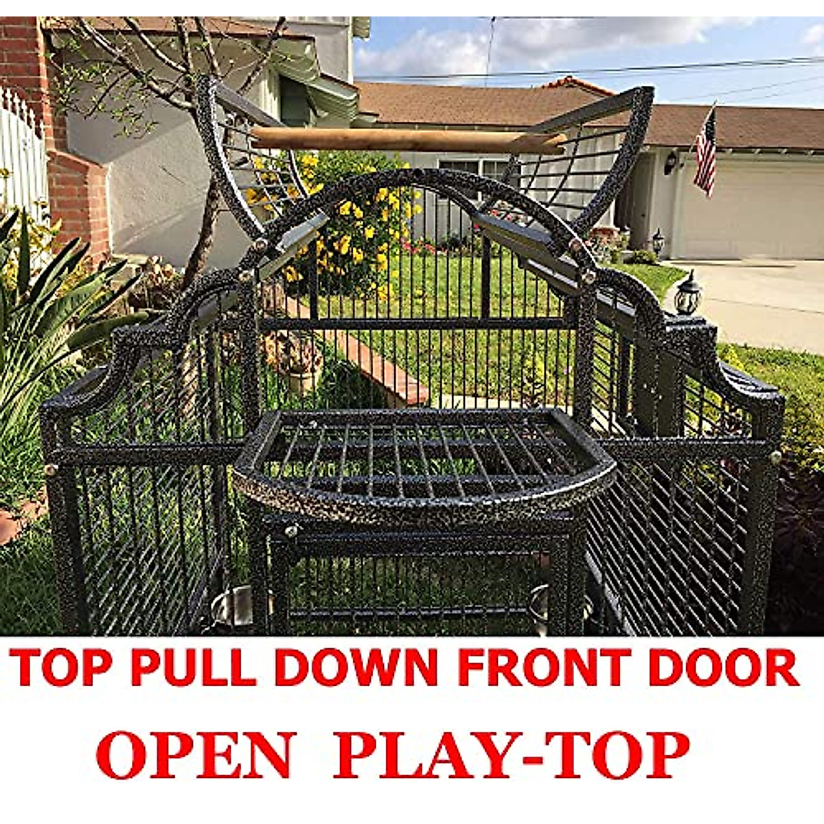 New Large Elegant Wrought Iron Dome Play Top Bird Parrot Cage, Include Metal Seed Guard Solid Metal Feeder Nest Doors (24" W x 22" D x 63" H, Black Vein)