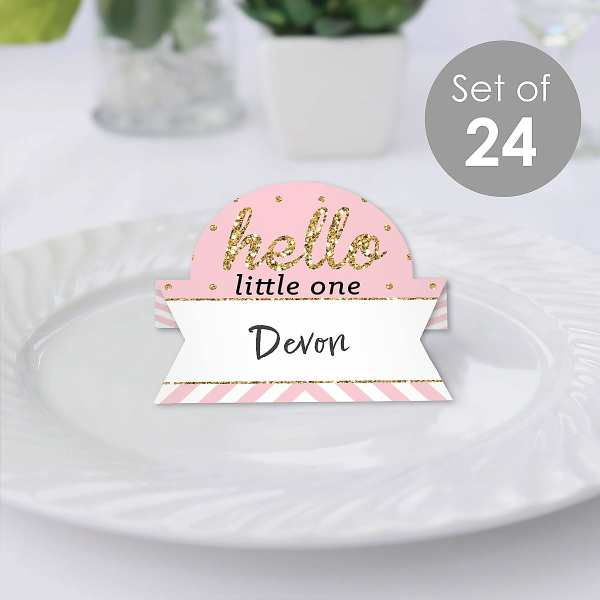 Big Dot of Happiness Hello Little One - Pink and Gold - Girl Baby Shower Tent Buffet Card - Table Setting Name Place Cards - Set of 24
