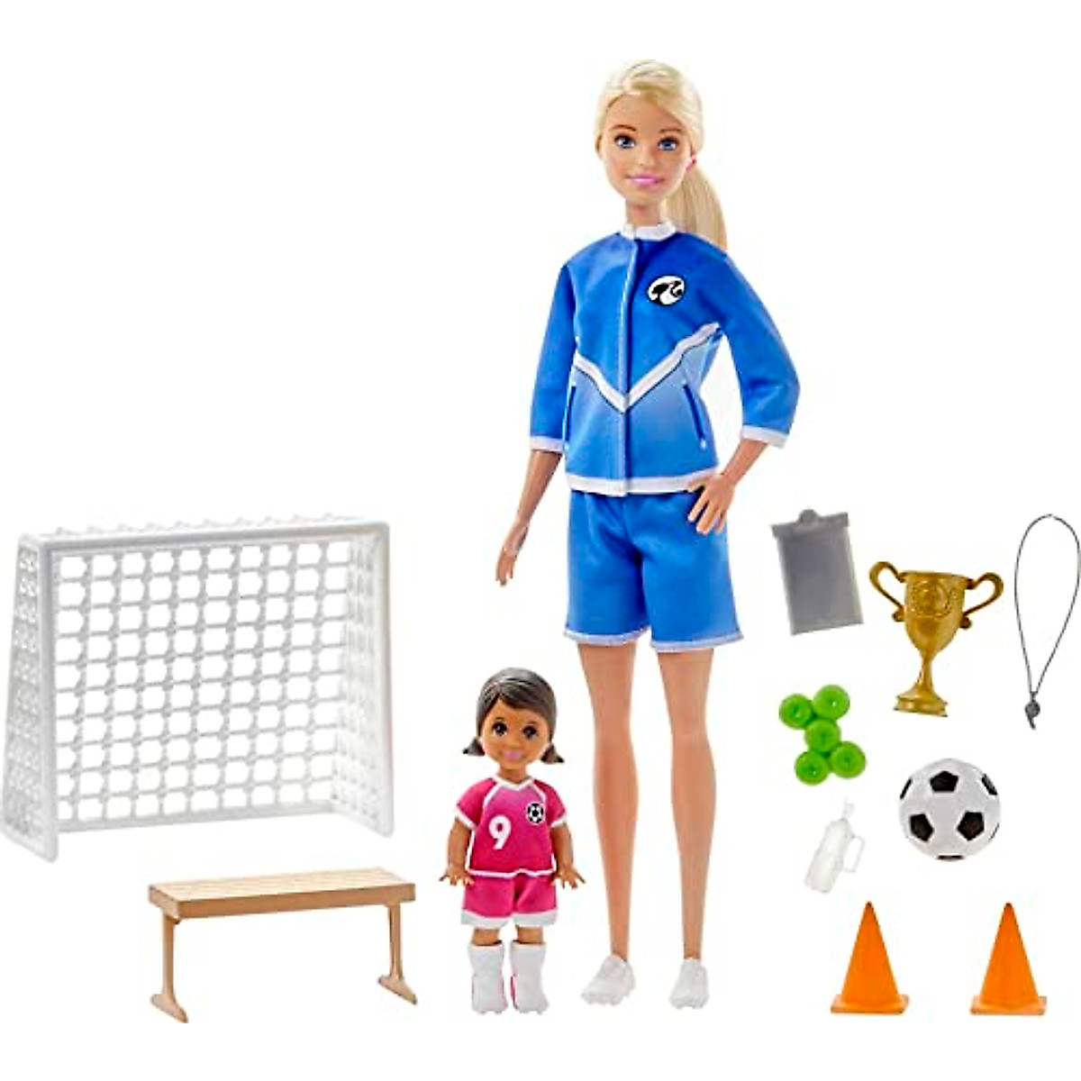 Barbie Soccer Coach Playset with Blonde Soccer Coach Doll, Student Doll and Accessories: Soccer Ball, Clipboard, Goal Net, Cones, Bench and More for Ages 3 and Up
