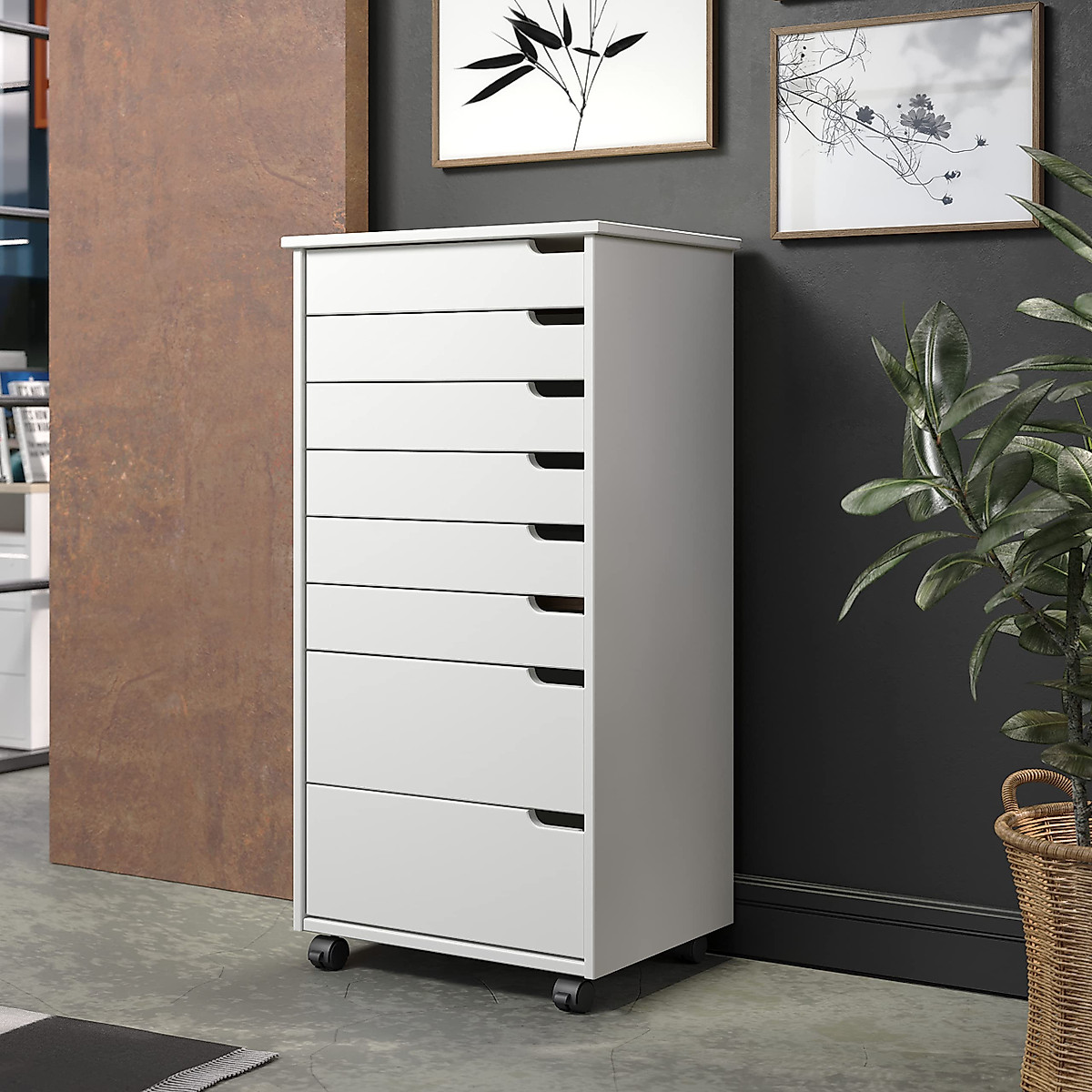 Adeptus Original Euro Roll Cart, Solid Wood, 6+2 Drawer Extra Wide Drawers Roll Carts, White