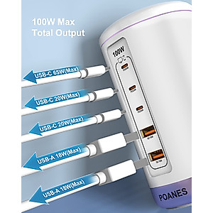 USB Charging Tower 100W, 5 Ports USB C Charger PD Port Fast Charging Station for Multiple Devices MacBook, Lenovo Laptop, iPhone 14/13/12 Pro Max, Samsung Galaxy, iPad, Nintendo Switch