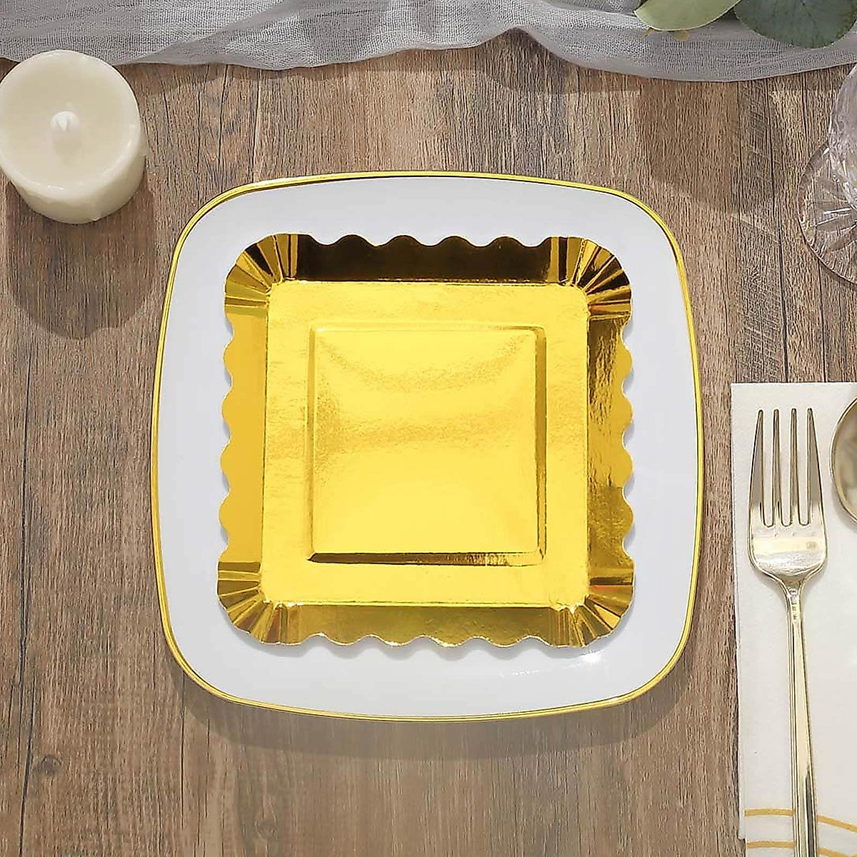 Efavormart 50 Pack | 5" Gold Foil Scalloped Rim Dessert Paper Plates, Disposable Square Appetizer Plates