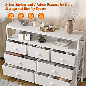 Furologee White TV Console Table, TV Stand with 7 Storage Drawer, Sofa Table with 2-Tier Shelves, Entertainment Center for 45" TV, Storage Fabric Drawer Unit for Bedroom, Living Room, Entryway