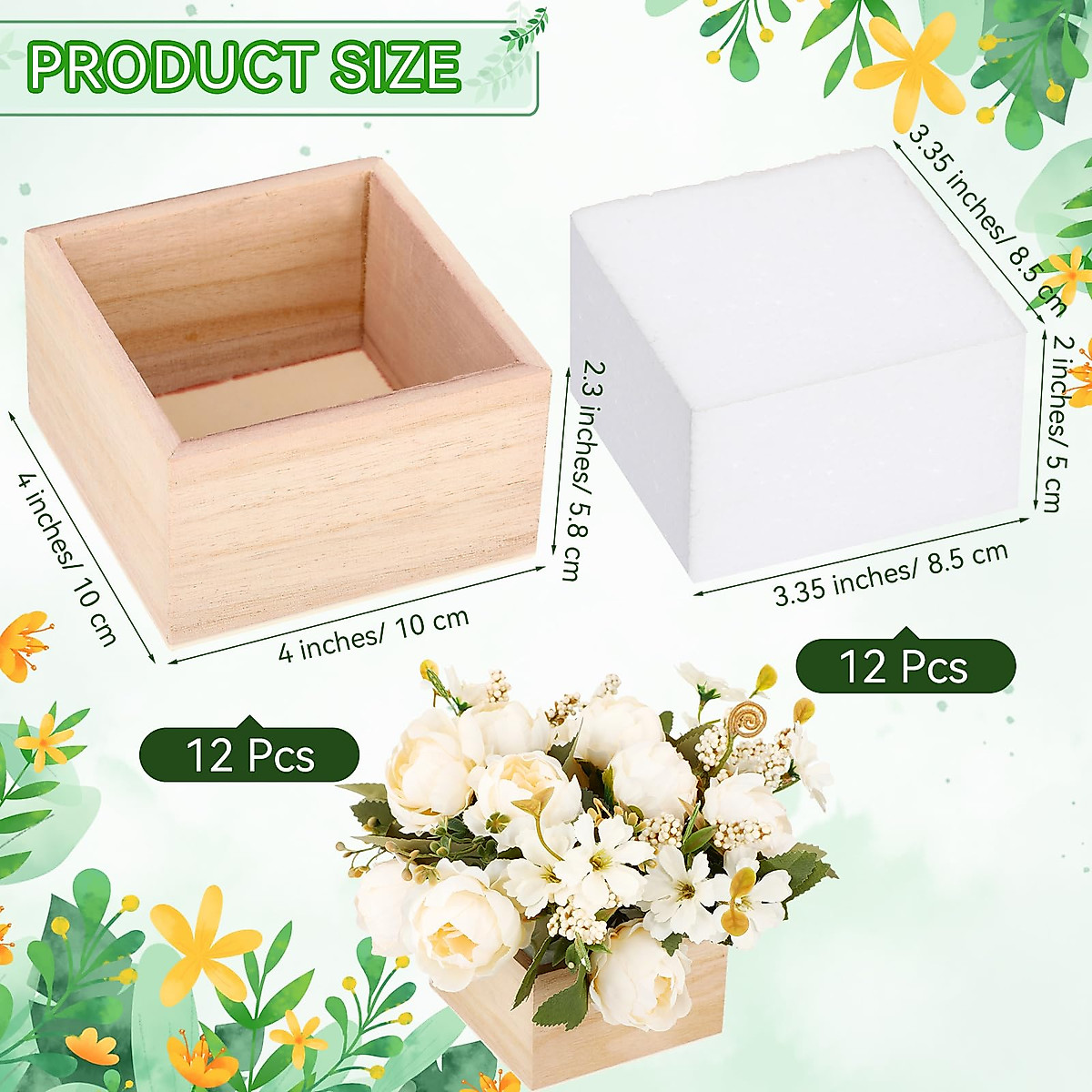 Suzile 12 Sets Square Rustic Wooden Box with Foam Blocks 4" x 4" x 2.3" Unfinished Wooden Box Small Wooden Box Organizer Container for Floral Arrangement, Home Decor, Centerpiece, Party, Craft