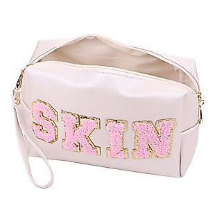 oaesc Cosmetic Bag Chenille Letter Patches Waterproof Travel Pouch PU Makeup with Wrist Strap Bags (Beige-SKIN)