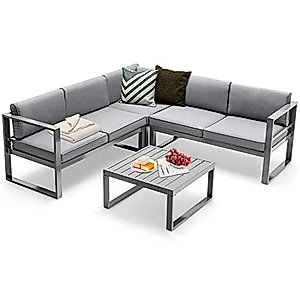 Tangkula 4 Pieces Aluminum Patio Furniture Set, Patiojoy All Weather Heavy Duty Cushioned Outdoor L Shaped Sofa Set for Poolside, Backyard, Deck, and Garden (Grey)
