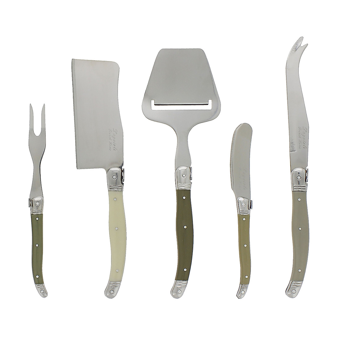 French Home 5-Piece Laguiole Cheese Knives Set with Fork and Slicer – Versatile Charcuterie Board Accessories with Three-Rivet Mist-Colored Handles & Iconic Bee Emblem