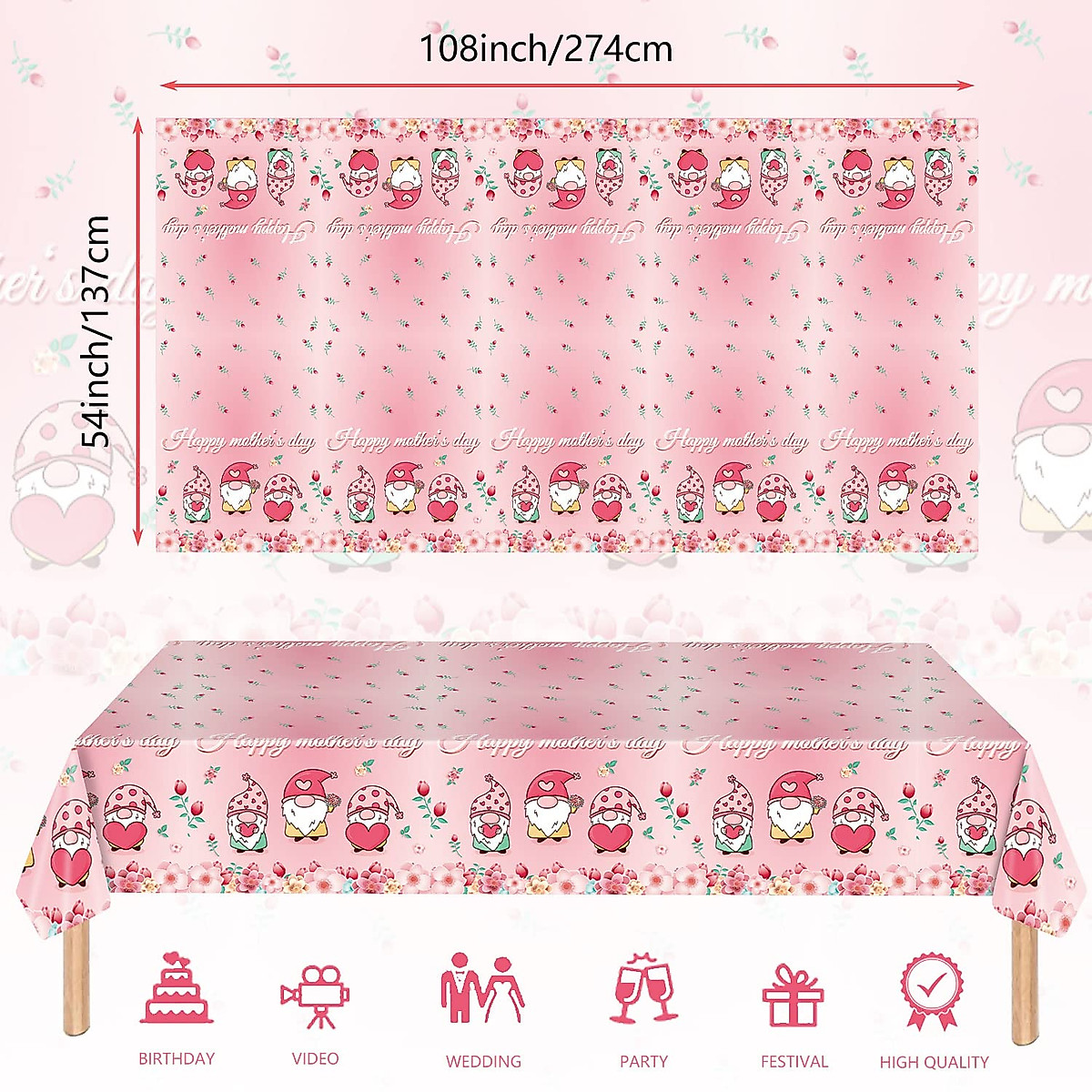 FANPROMS Mother's Day Tablecloth Rectangle 2 Pack 54x108 Inch Pink Tulip Table Cloth for Happy Gnomes Table Cover Waterproof Disposable Tablecloth for Best Mom Day Party Dinner Decor