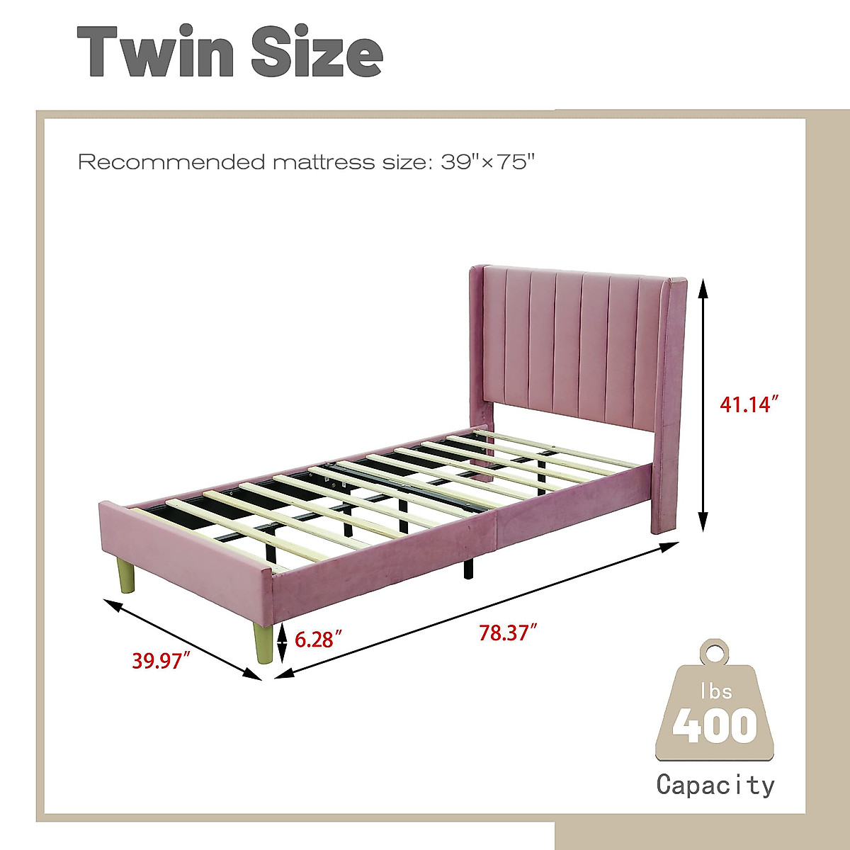 AGARTT Upholstered Platform Bed Frame Twin Size with Headboard and Footboard/Wooden Slats Support/No Box Spring Needed/Easy Assembly,Pink Velvet