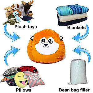Roomganize Extra Large Animal Bean Bag Chair Cover and Soft Toy and Linen Storage Organizer for Room Decor (Fox)