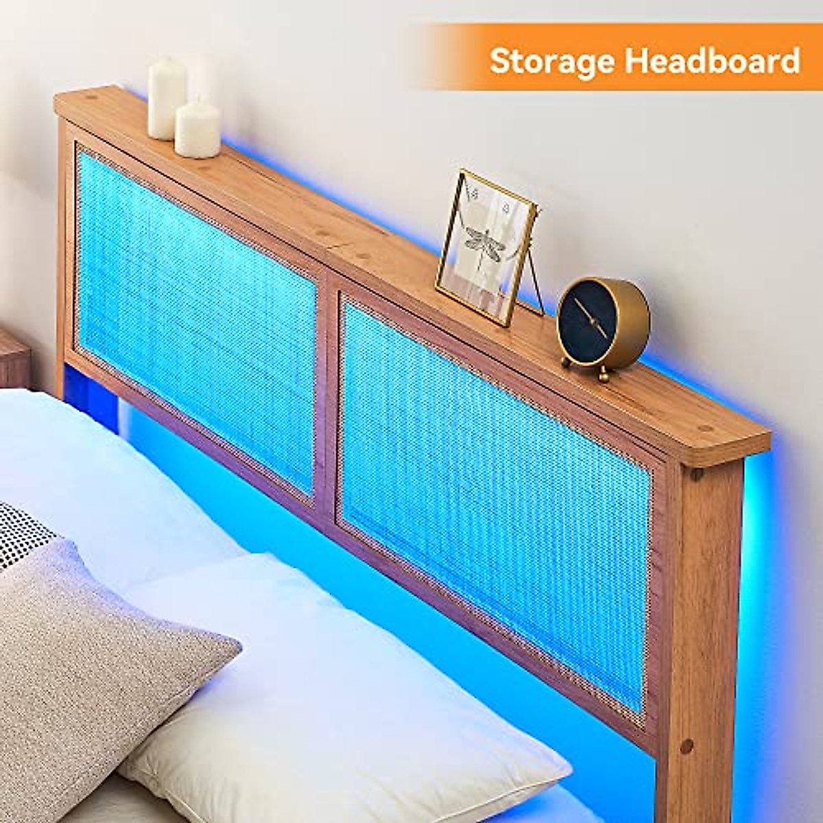 IDEALHOUSE Full Bed Frame with Natural Rattan Headboard, Platform Bed Frame Full Size with Storage Headboard, Mattress Foundation, Noise-Free, No Box Spring Needed