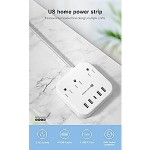 Power Strip, 3 Outlets, 4 USB Charging Ports, 1 USB-C Port, 5Ft Braided Extension Cord. Wall or Desk. Home Office Travel