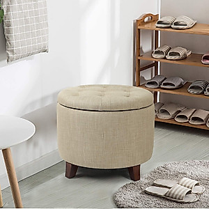 DECO DE VILLE Round Footstool Storage Ottoman, Cushion Button Tufted Linen Fabric Ottoman with Removable Lid, 20", Beige