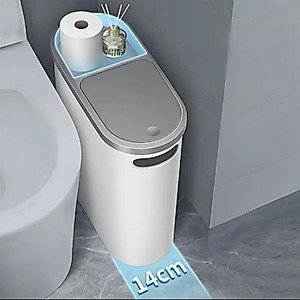 Bathroom Trash Cans with Lid 2.7 Gallon Ultra-Thin Trash can Wastebasket,Push-on Trash can with lid, Plastic Narrow White Trash Bin, Automatic Plastic Trash Bin for Living Room Bedroom Office Kitchen