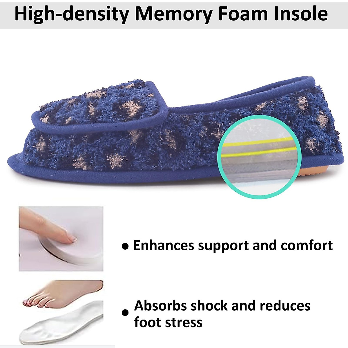 Git-up Diabetic Slippers for Women Memory Foam Arthritis Edema Adjustable Open Toe Swollen Feet Slippers Bedroom House Indoor Outdoor Shoes with Rubber Sole US/10 BLUE LEOPARD