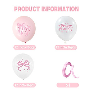 48 Pcs Pink Bow Balloons Coquette Birthday Decorations Include Bow Light Pink Balloons White Balloons for Pink Bow Birthday Party Supplies