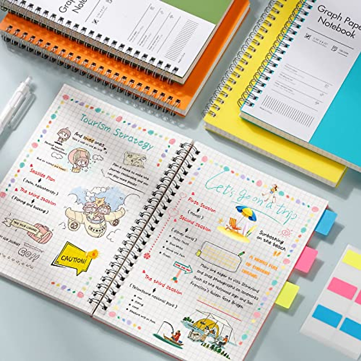 EMSHOI Graph Paper Spiral Notebook, 4 Pack 5.7" x 8.22" A5 Small Grid Notebook, 640 Pages 100gsm Thick Graph Journal with Sticky Notes, Plastic Hardcover, Yellow, Blue, Green, Pink