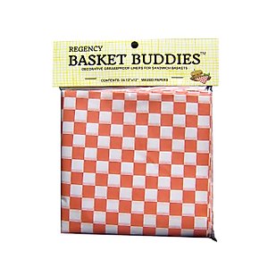 Regency Wraps Bakset Buddies Greaseproof Liners For Bread Baskets and Wrapping Sandwiches, Red/White, 12"x12" (pack of 24)