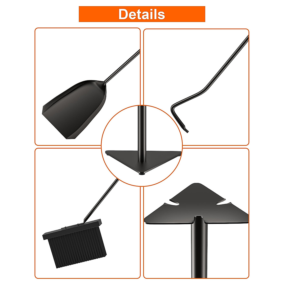 VODA Fireplace Tools Set, 4 Pcs 22.8 Inch Fireplace Tools Black Cast Iron Small Outdoor/Indoor Fireplace Accessories with Poker, Shovel, Broom, Fireplace Tool Stand