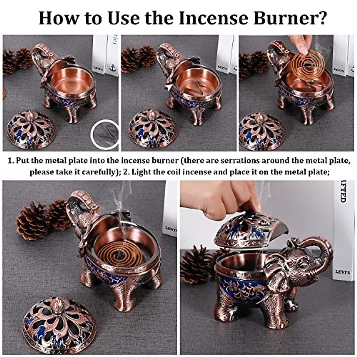 SogYupk Elephant Incense Burner with Lid,Metal Incense Holder Office/Home/Bathroom Vintage Incense Burner Decorative Ornaments,Handmade Incense Burner Gift for Meditation Yoga Lovers(Blue)