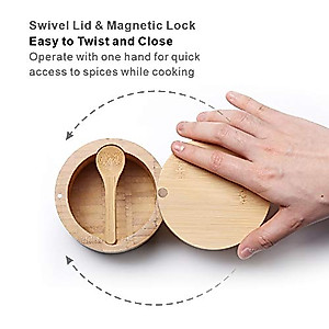 KITCHENDAO Bamboo Salt Cellar Bowl Box Container with Built-in Spoon to avoid Dust, Elegant Kitchen Salt Dish Holder Saver Jar with Swivel Magnetic Lid to Storage Pepper Spice Bath Salt Sea Salt, 6OZ
