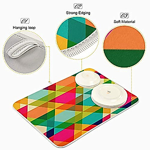 Geometric Colorful Trellis Dish Drying Mat 16"x18" Absorbent Machine Washable Hanging Fast Dry Pad Dish Protective Mat for Kitchen Countertop Heat Resistant Dinner Table Mat