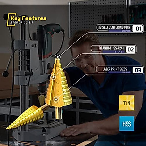 Step Drill Bit for Metal, Step Drill Bit, CORTOOL Titanium High Speed Steel Step Drill Bit Set, Unibit Step Drill Bit, Heavy Duty Step Bit, HSS Drill Bit Set Total 23 Sizes 1/4"-1-3/8", 3/16"-7/8"