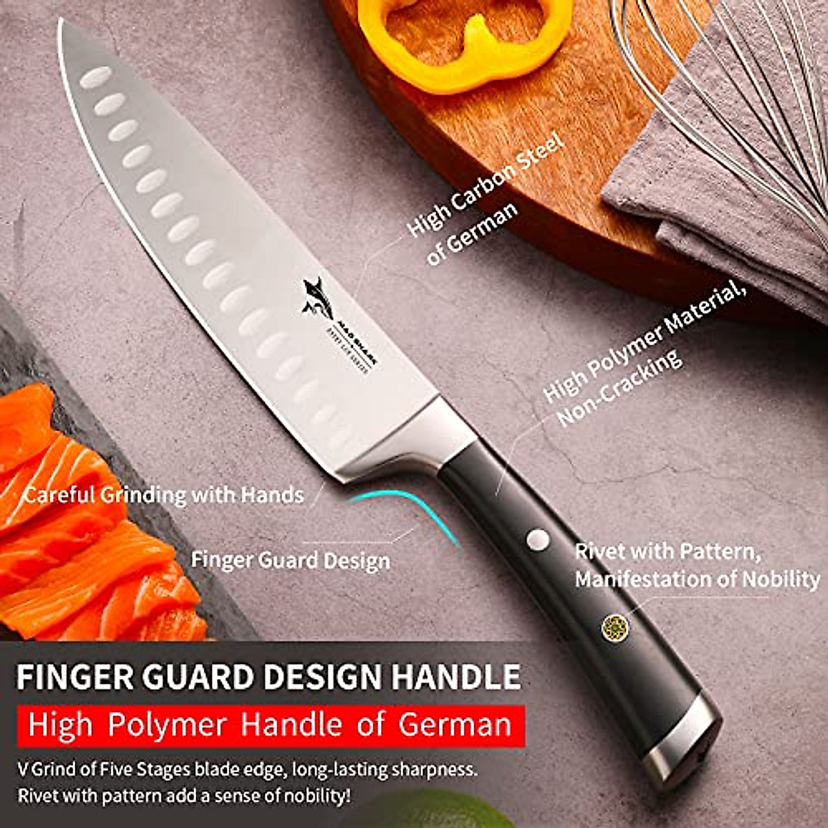 MAD SHARK Kitchen Knife, Chef's Santoku Knife 8 Inch, German High Carbon Stainless Steel Chef Knife, Super Sharp Multipurpose Chopping Knife for Meat Vegetable Fruit with Ergonomic Handle & Gift Box