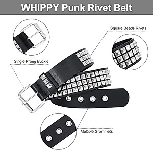 WHIPPY Women Men Rivet Studded Belt Row Pyramid Square Bead PU Faux Leather Punk Rock Grommet Belt for Jeans,Silver,L