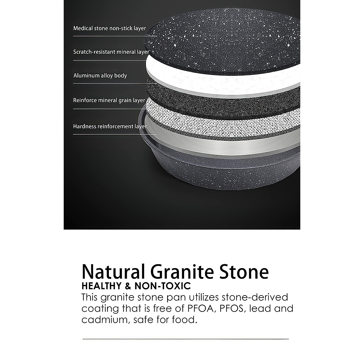 TAMASAKI 11 Inch Nonstick Medical Stone Skillet No Fumes Frying Pan Household Nonstick Cookware Stone-Derived Coating with Glass Lid Black