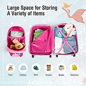 BABY JOY 2 PC Kids Carry On Luggage Set, 12” Backpack & 18” Toddler Suitcase, Hard Shell Travelling Case & Backpack w/ 4 Rotating Casters, Cute Rolling Trolley Case for Boys & Girls (Mermaid)