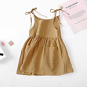 TIMOGG Toddler Baby Girl Cotton Linen Solid Dress Sling Bow Summer Skirt Casual Beach Girls Sundress with Pockets Overall Dress (Khaki, 4-5 Years)
