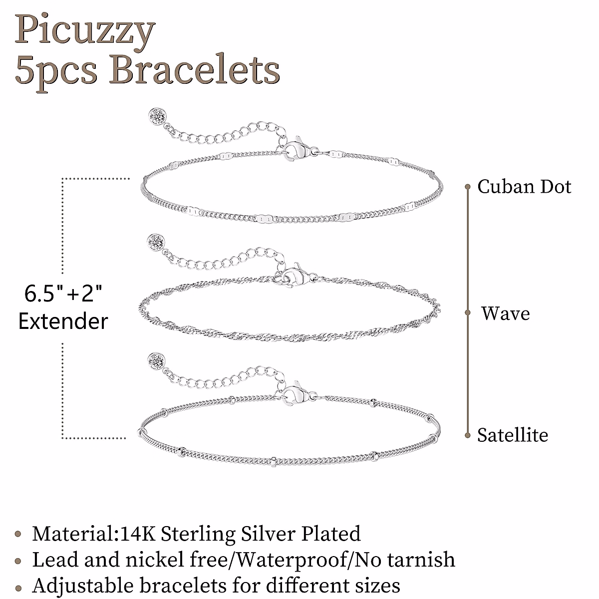 Picuzzy Silver Bracelet for Women, 14k Gold/Sterling Silver Bracelets for Women Dainty Stackable Bracelets for Women Trendy Waterproof Womens Figaro Rope Stack Bracelet Set Box Paperclip Chain