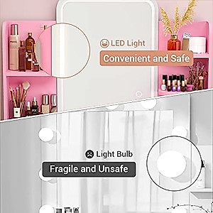armocity Vanity Desk with Mirror and Light, Makeup Vanity with Cushioned Stool, Vanity Table Set with 3 Color Lighting Options, Modern Dressing Table with 2 Storage Drawers for Bedroom, Pink