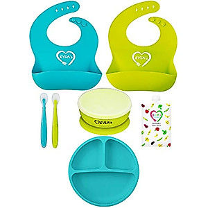 EVLA'S Baby Feeding Set, Baby Led Weaning Supplies, Adjustable Silicone Bibs, Divided Plate, Suction Bowl with Lid, Soft Spoons for Babies or Toddlers, Baby Registry must have!