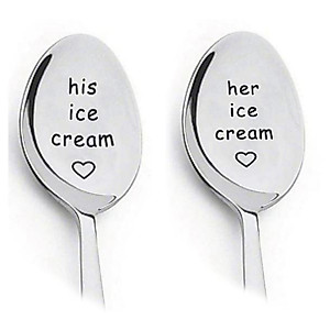 His and Her Ice Cream Spoons for Couples, Boyfriend Girlfriend Birthday Wedding Anniversary Christmas Gifts for Wife Husband Stainless Steel Couple Engraved Spoon Set 2Pcs