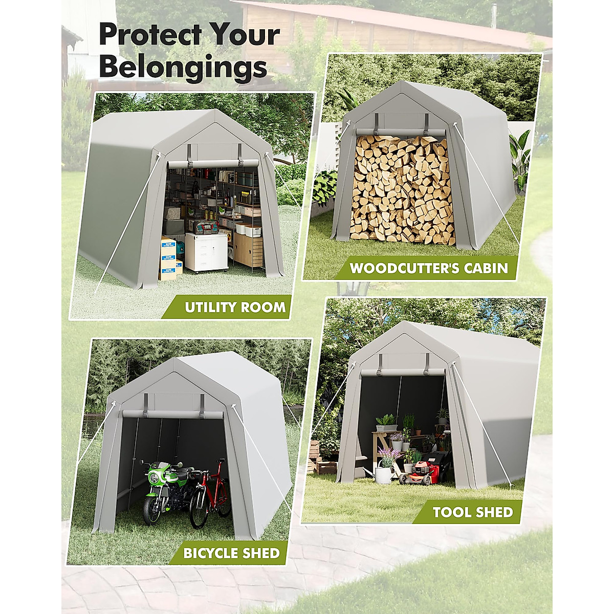 VORTEXTOVE Motorcycle Storage Sheds 7x15 FT, Portable Shed with Rolled up Zipper Door, Waterproof, Storage Tent Heavy Duty for Motorcycle, Bike, Firewood, Garden Tools, Grey