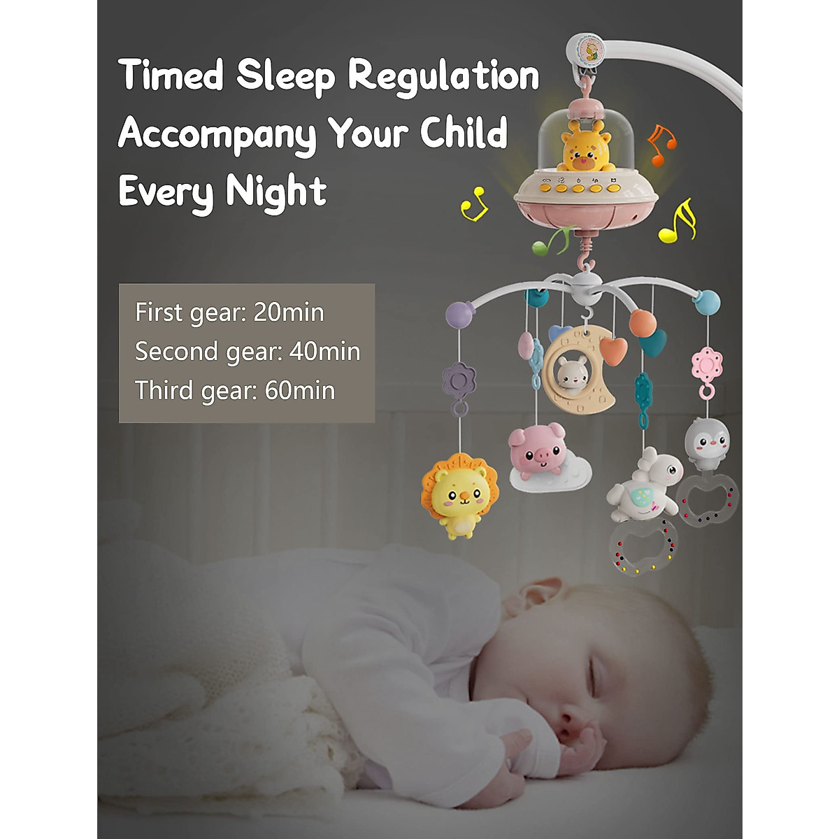 BSROLUNA Baby Crib Mobile with Music and Lights, Baby Mobile for Crib with Remote Control, Hanging Rotating Animals Rattles, 16 Songs and Timing Function, Cartoon Baby Crib Toys for Girls (BabyPink)