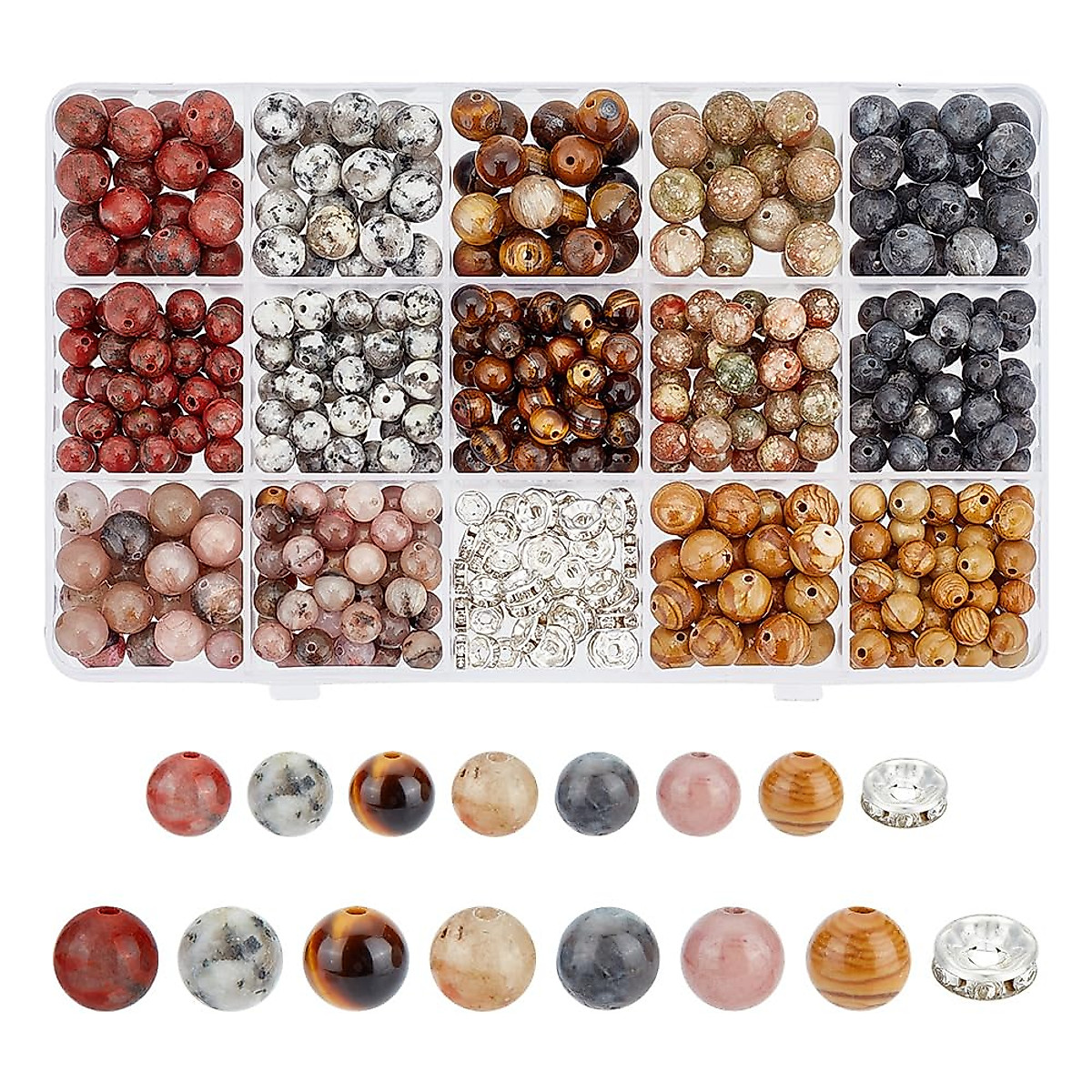 NBEADS About 460 Pcs Natural Stone Beads Kit, 6mm 8mm Natural Gemstone Beads Loose Round Stone Beads with Rhinestone Spacer Beads for DIY Bracelet Necklaces Jewelry Making