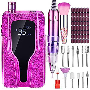 Professional 35000 RPM Nail Drill , Rechargeable Electric Nail File Machine E File for Acrylic Nails Gel Polishing Removing, Portable Cordless Efile with Bits Kit for Manicure Salon Home Pink