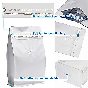 50 Pieces 4 Ounce White Kraft Paper Coffee Bags, Stand Up Coffee Pouches with One Way Degassing Valve and Reusable Side Zipper (Pull Tab to Open) Flat Bottom - Stand Up Well (4oz, 0.25lb, 100gram)