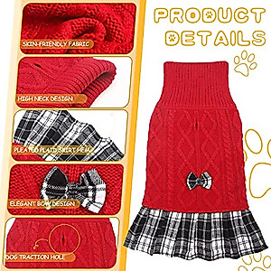 Weewooday 2 Pieces Dog Sweater Plaid Dress Turtleneck with Bow Tie Cold Weather Sweater Pet Sweater Pullover Knitwear Puppy Sweater for Fall Winter Red and Gray (Medium)