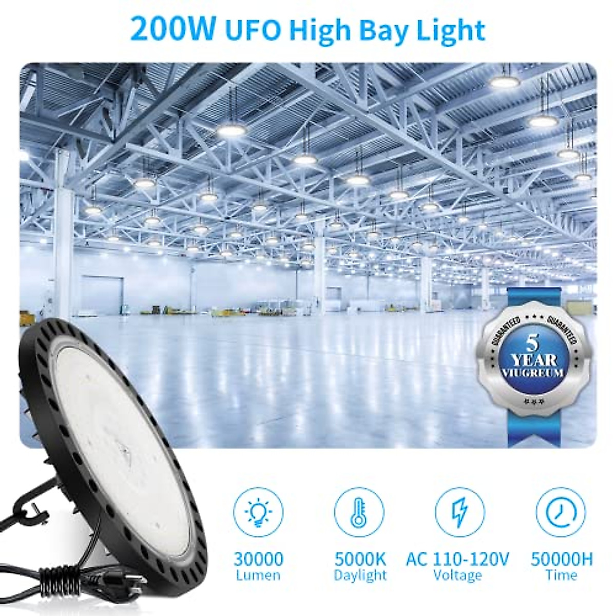 Viugreum 2pack LED High Bay Light 5000K, 200W, 20000Lm(Ip65) UFO High Bay Lights with US Plug Commercial Bay Lighting for Barn/Garage Commercial Warehouse Car Wash Shop UFO Lights, Hanging Chain