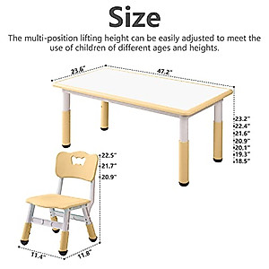 monleelnom Children's Table and Chair Set Suitable for Boys and Girls Age 2-12 Height Adjustable Table top Can be Painted with 6 Seats Suitable for Family Learning Daily use (Wood Color)