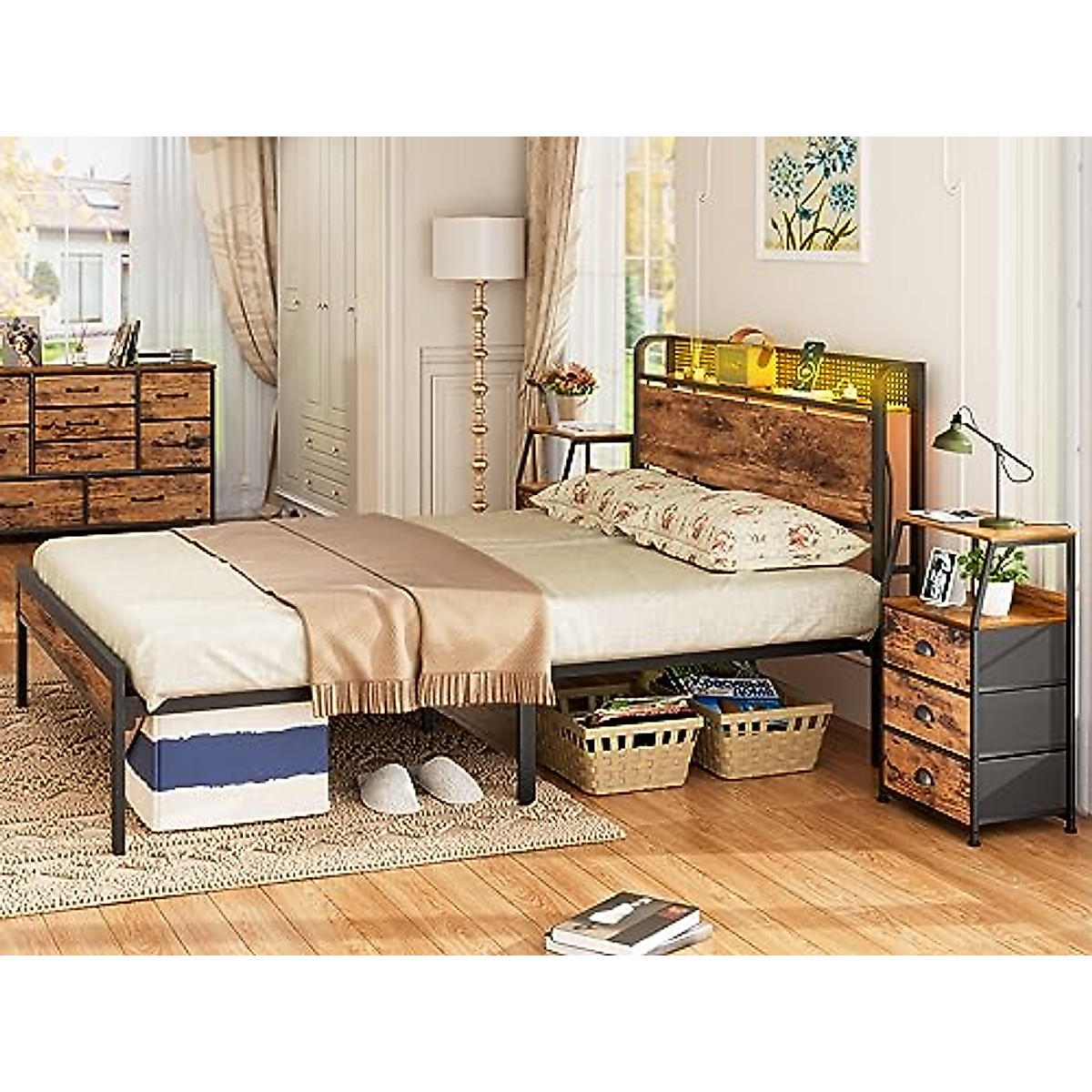 Furnulem Queen Bed Frame with LED Lights,Industrial Storage Headboard with Power Outlet and USB Port,Wood Platform with Strong Metal Support,No Box Spring Needed, Noise Free