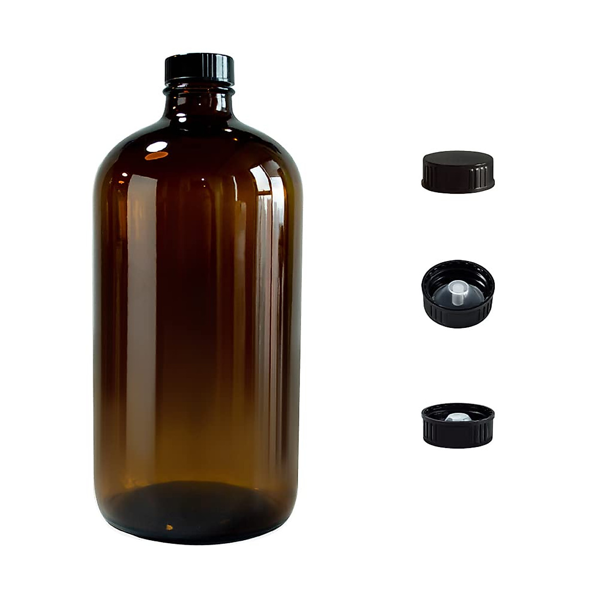 GPK4ALL 32oz 946ml Amber Boston Round Bottle with 28-400 Black Poly cone Phenolic caps, pack of 2