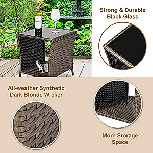J-SUN-7 Patio Square Wicker Side Table - Set of 2 Outdoor Tempered Glass Top End Table with Storage for Patio Courtyard Balcony (Brown)