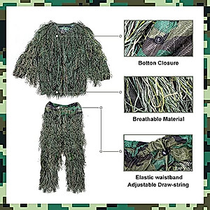 ANZOME 5in1 Kids Ghillie Suit, 3D Kid Camo Hunting Clothes Youth Gilly Suits with Carry Bag+Hood+Gillie Sniper Suit for Shooting Game, Halloween Costume Outfit for 4.5-5ft
