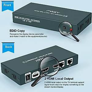 GREATHTEK 1x2 HDMI Extender Splitter 1080P 3D Over Cat5e/Cat6/Cat7 Ethernet Cable with 2 HDMI Loop Out - Up to 50m/165ft - EDID Management & POC Function for HDTV PS3 PS4 Xbox (1 in 2 Out / 2-Port)